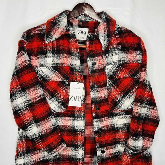 Zara | Jackets & Coats | Zara Red White Black Check Long Shacket Plaid ...